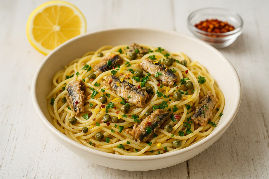 Portuguese sardine pasta with lemon, capers and chili peppers ...